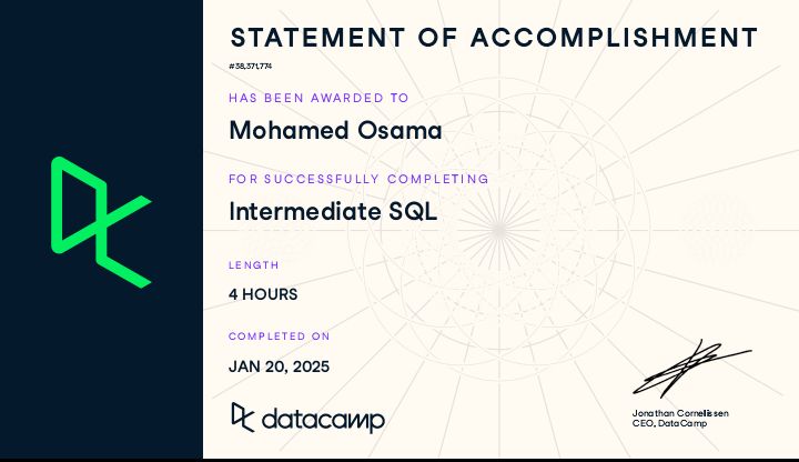 Mohamed Osama Rashed on LinkedIn: #sql #datacamp #dataanalysis Mohamed Osama Rashed on LinkedIn: #sql #datacamp #dataanalysis