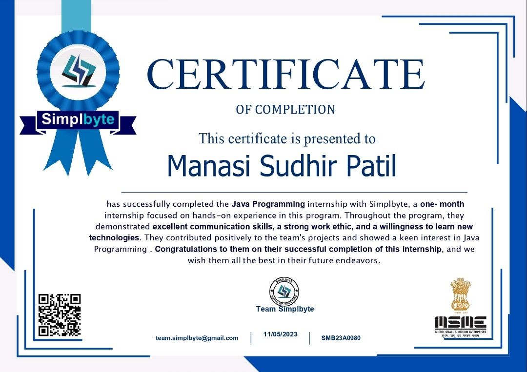 Manasi Patil on LinkedIn: #simplbyte #intern #javadevelopment Manasi Patil on LinkedIn: #simplbyte #intern #javadevelopment