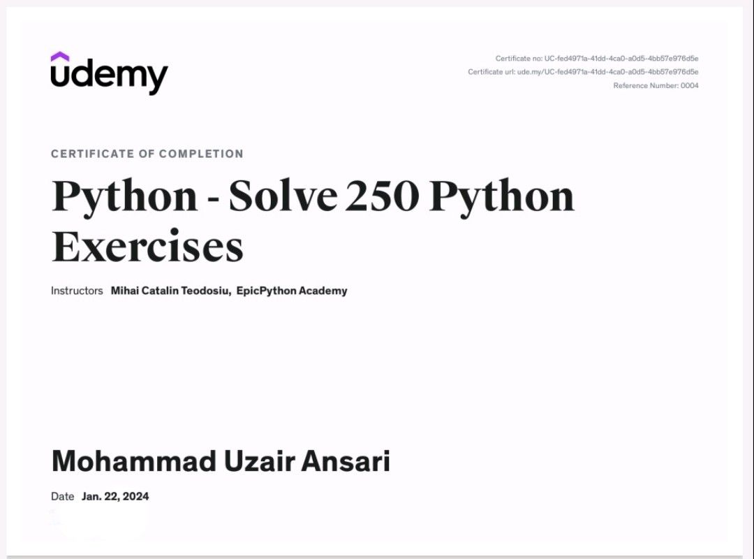 Completed 250 Python exercises | Mohammad Uzair Ansari posted on the ... Completed 250 Python exercises | Mohammad Uzair Ansari posted on the ...