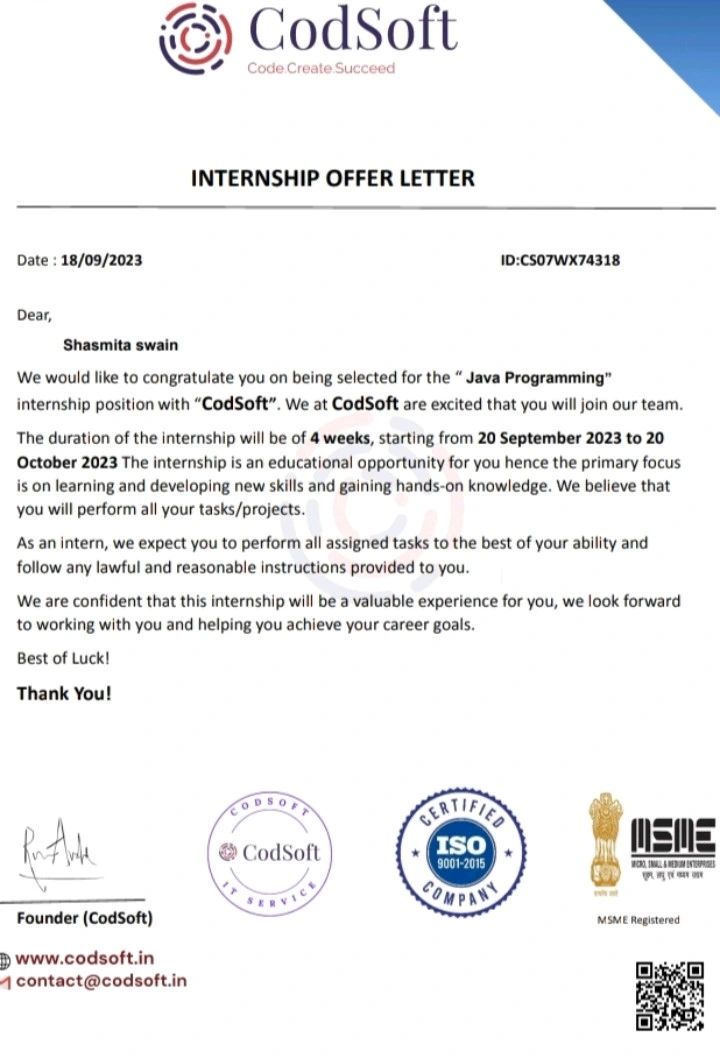 Shasmita Swain on LinkedIn: #codsoft #internship Shasmita Swain on LinkedIn: #codsoft #internship