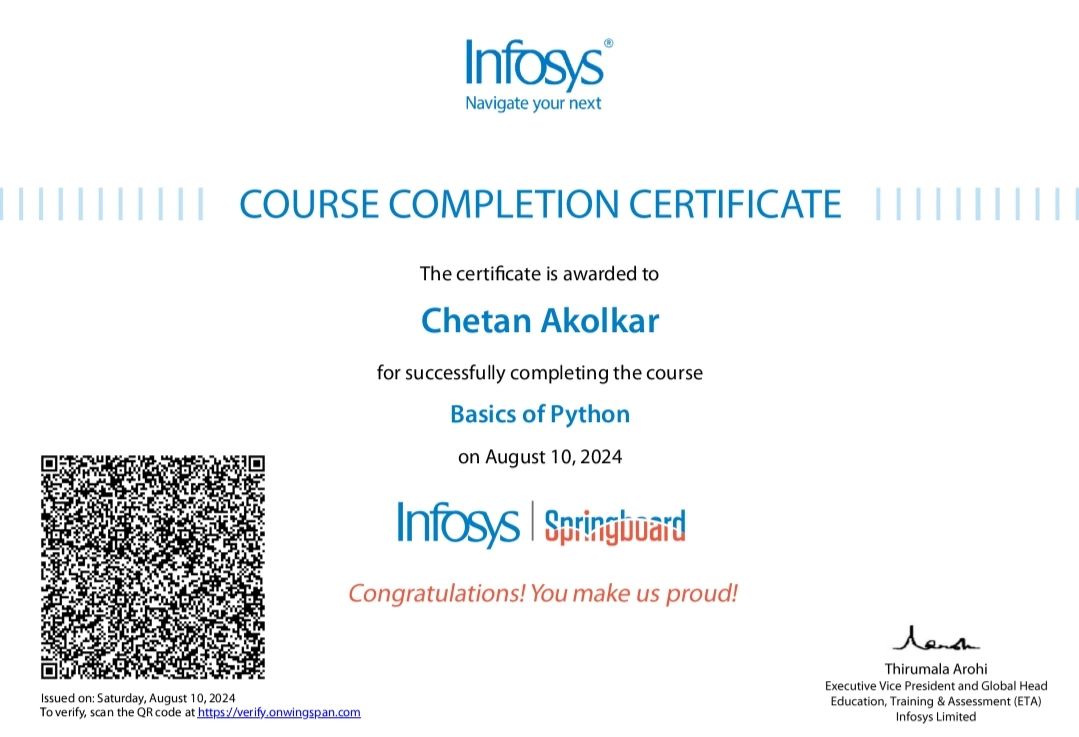 Chetan Akolkar on LinkedIn: #python #certification #infosysspringboard Chetan Akolkar on LinkedIn: #python #certification #infosysspringboard