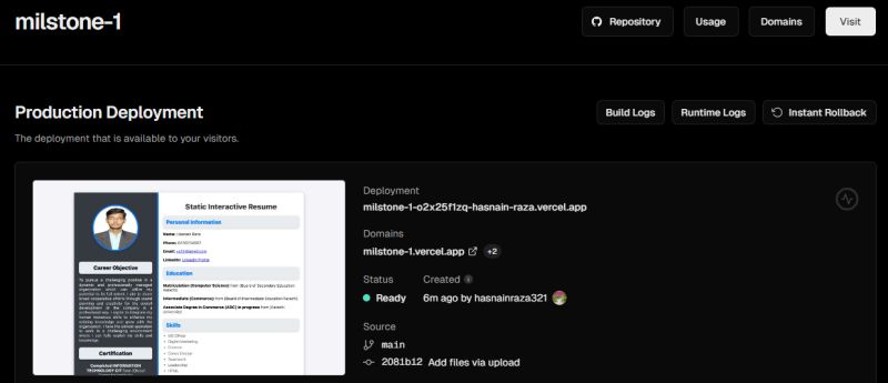 Hasnain Raza on LinkedIn: π Project Milestone: Static Resume Builder π ... Hasnain Raza on LinkedIn: π Project Milestone: Static Resume Builder π ...