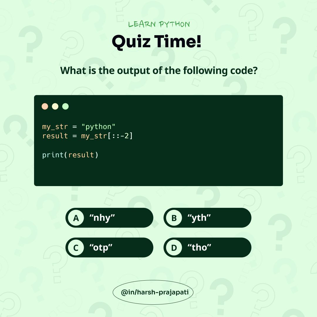 Harsh Prajapati on LinkedIn: #python #pythonquiz #code #python3 #quiz # ... Harsh Prajapati on LinkedIn: #python #pythonquiz #code #python3 #quiz # ...