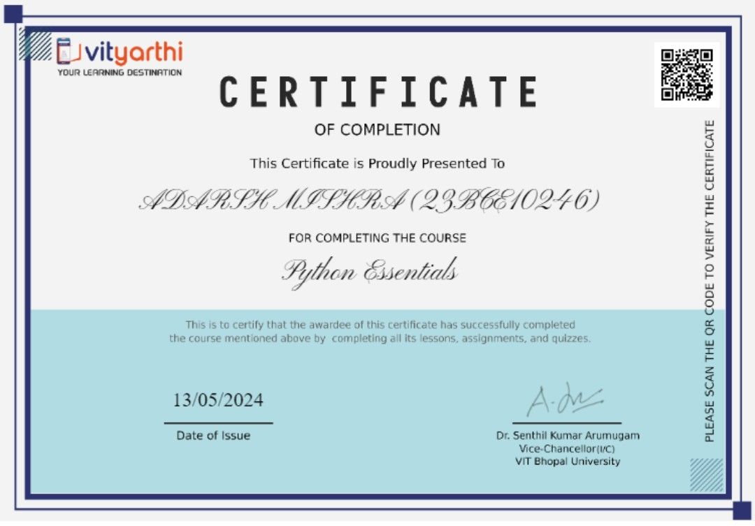 Completed Python Essentials program by Vityarthi | ADARSH MISHRA posted ... Completed Python Essentials program by Vityarthi | ADARSH MISHRA posted ...