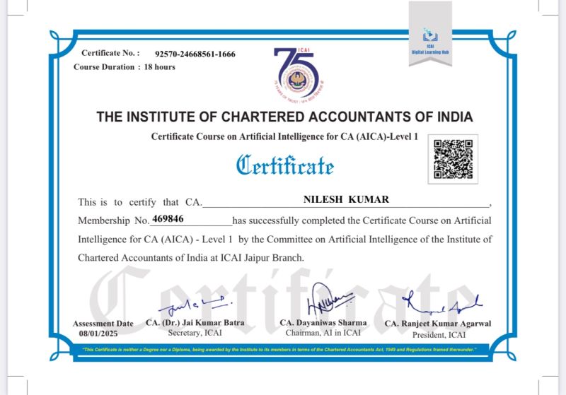 I, CA Nilesh Kumar, have successfully completed the esteemed Artificial ... I, CA Nilesh Kumar, have successfully completed the esteemed Artificial ...