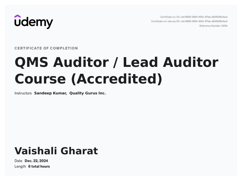 Vaishali Gharat on LinkedIn: Completed successfully QMS/Lead Auditor course Vaishali Gharat on LinkedIn: Completed successfully QMS/Lead Auditor course