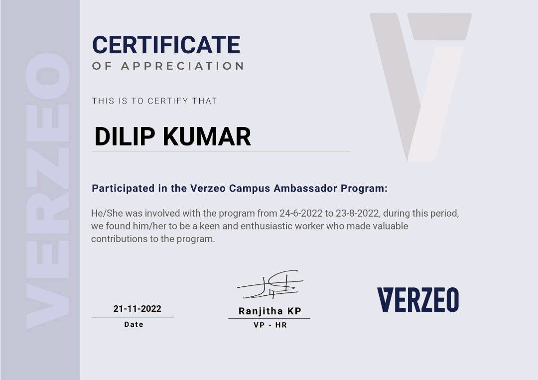 Dilip Kumar on LinkedIn: #internship #verzeo Dilip Kumar on LinkedIn: #internship #verzeo