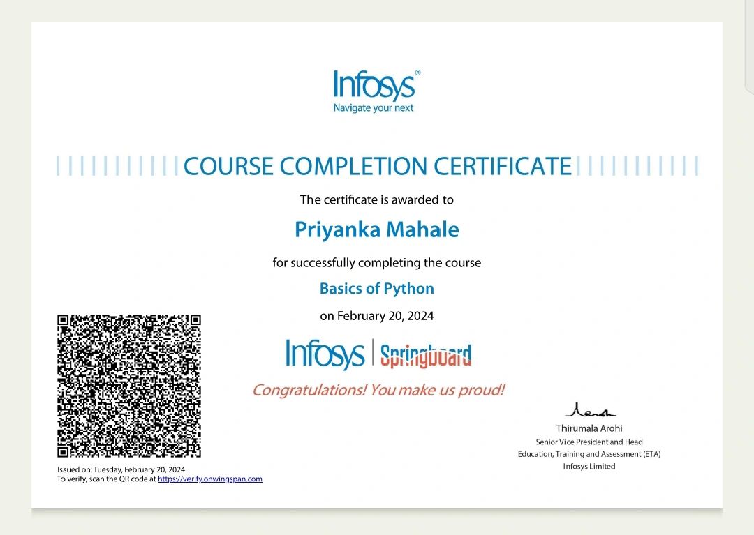 Priyanka Mahale on LinkedIn: #python #codingjourney #infosys #springboard Priyanka Mahale on LinkedIn: #python #codingjourney #infosys #springboard