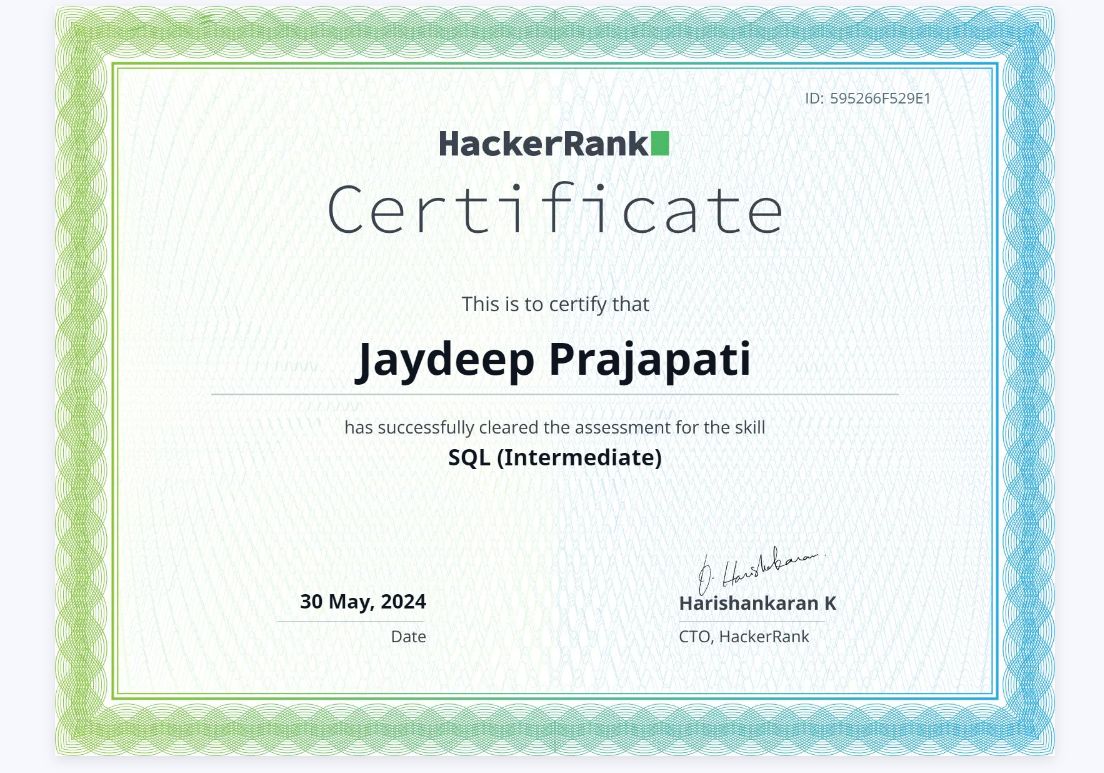 Jaydeep Prajapati on LinkedIn: #hackerank #sql #certificate # ... Jaydeep Prajapati on LinkedIn: #hackerank #sql #certificate # ...