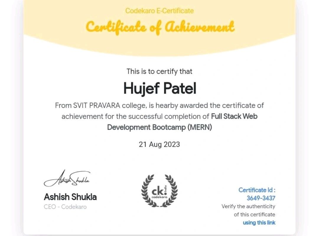 Hujef Patel on LinkedIn: Completed MERN Stack development Hujef Patel on LinkedIn: Completed MERN Stack development
