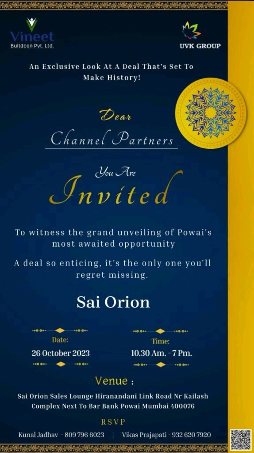 Kunal Jadhav on LinkedIn: Dear Esteemed Partners, We, at Sai Orion by ... Kunal Jadhav on LinkedIn: Dear Esteemed Partners, We, at Sai Orion by ...