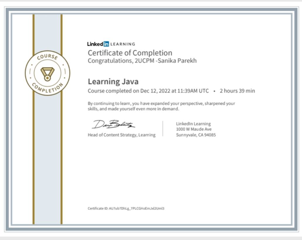 Sanika Parekh on LinkedIn: successfully completed Java language Course ... Sanika Parekh on LinkedIn: successfully completed Java language Course ...