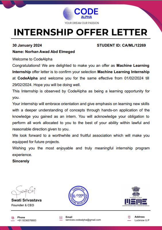 Got an internship from CodeAlpha for Machine learning | Norhan Awad ... Got an internship from CodeAlpha for Machine learning | Norhan Awad ...