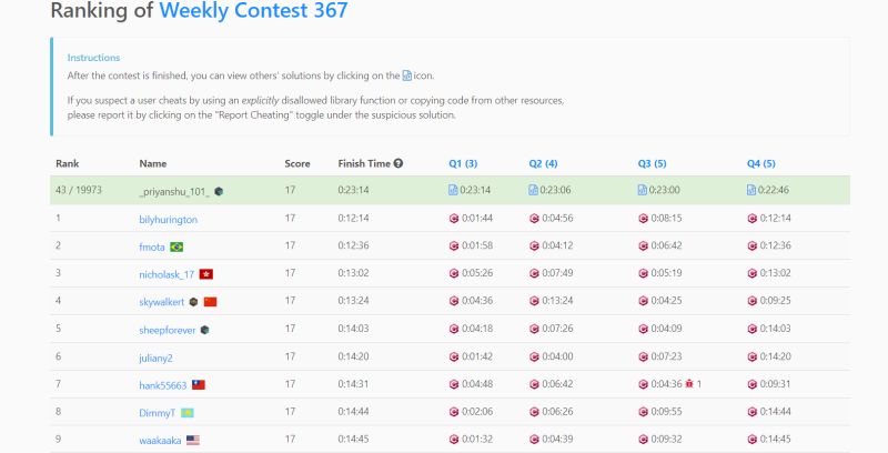 Participated in Leetcode Weekly Contest 367 and am excited to announce ... Participated in Leetcode Weekly Contest 367 and am excited to announce ...