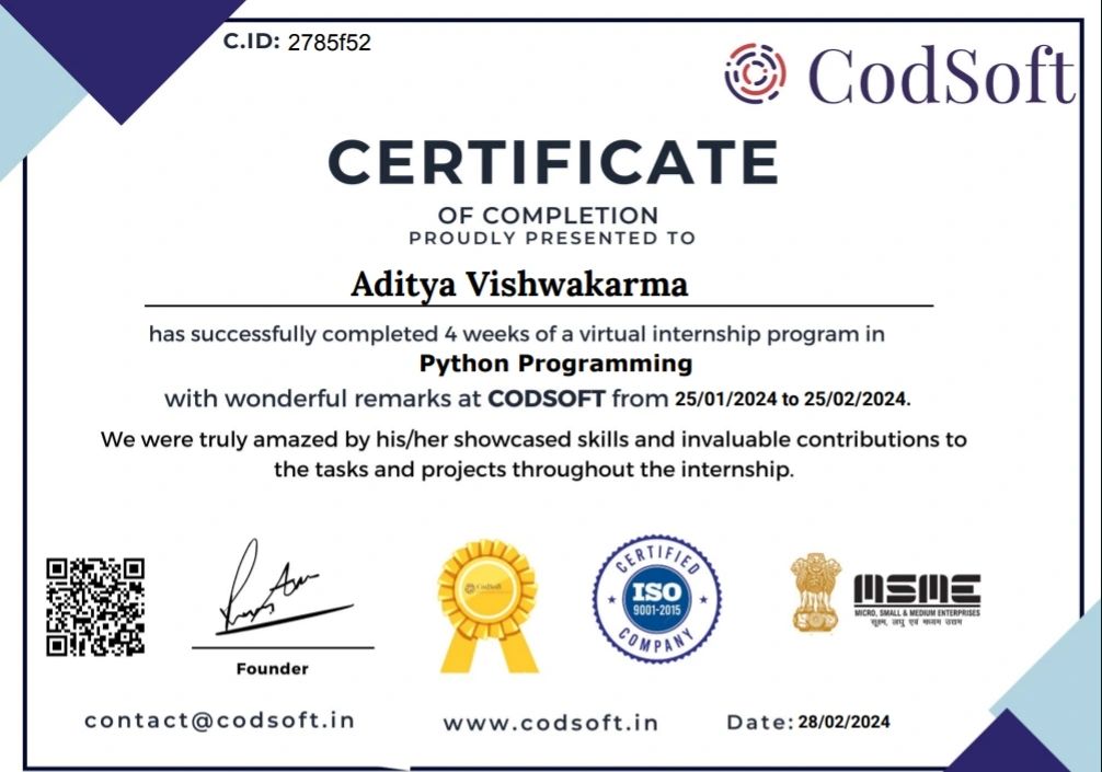 Aditya Vishwakarma on LinkedIn: #codsoft #internship #codsoft # ... Aditya Vishwakarma on LinkedIn: #codsoft #internship #codsoft # ...