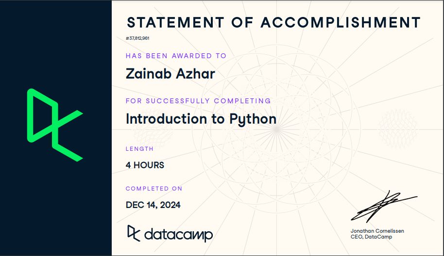 Zainab Azhar on LinkedIn: #python #datacamp #learningjourney #coding Zainab Azhar on LinkedIn: #python #datacamp #learningjourney #coding
