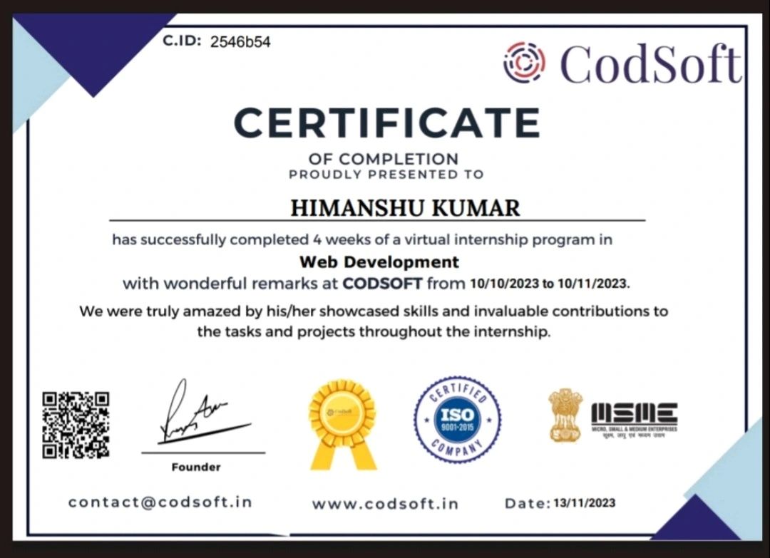Himanshu Kumar on LinkedIn: #internship #codsoft Himanshu Kumar on LinkedIn: #internship #codsoft