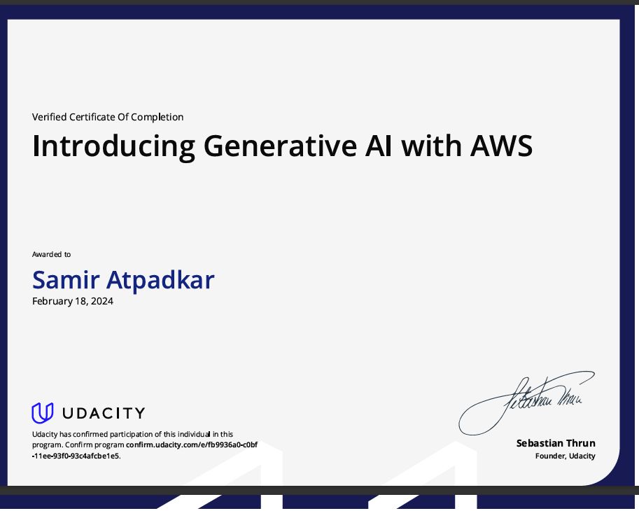 Samir Atpadkar on LinkedIn: #udacity #aws #generativeai Samir Atpadkar on LinkedIn: #udacity #aws #generativeai