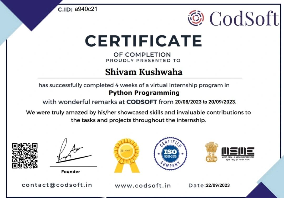 Shivam Kushwaha on LinkedIn: #codsoft Shivam Kushwaha on LinkedIn: #codsoft
