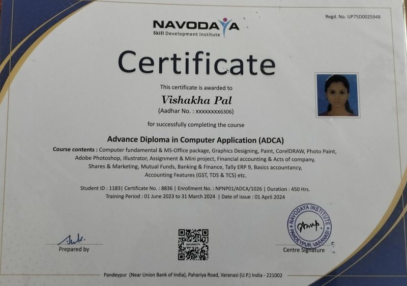 Vishakha Pal on LinkedIn: I have successfully completed the ADCA course. Vishakha Pal on LinkedIn: I have successfully completed the ADCA course.