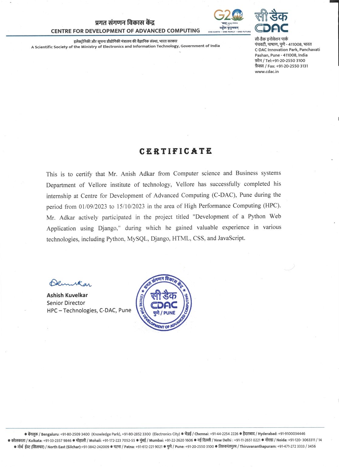 Anish Adkar on LinkedIn: #internship #vit #python #django #cdac Anish Adkar on LinkedIn: #internship #vit #python #django #cdac
