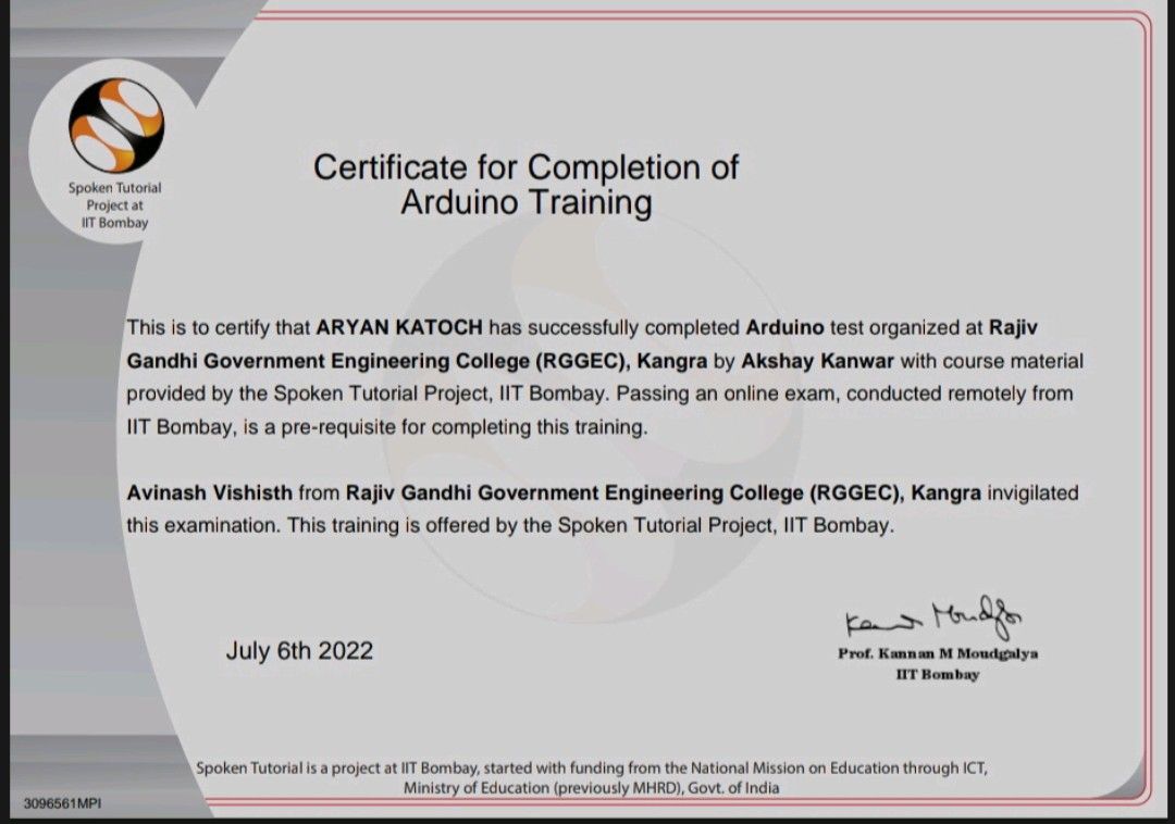 Aryan Katoch on LinkedIn: Certificate on completing Arduino training Aryan Katoch on LinkedIn: Certificate on completing Arduino training