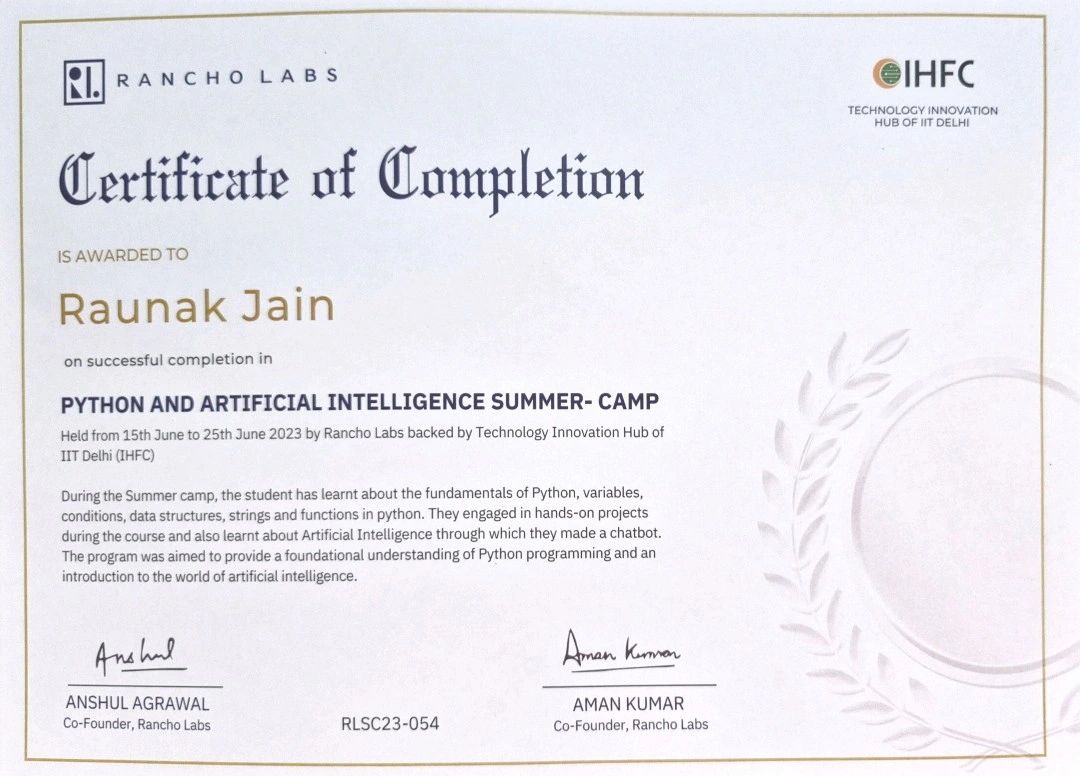 Excited to complete the Python and AI Summer Camp by Rancho Labs ... Excited to complete the Python and AI Summer Camp by Rancho Labs ...