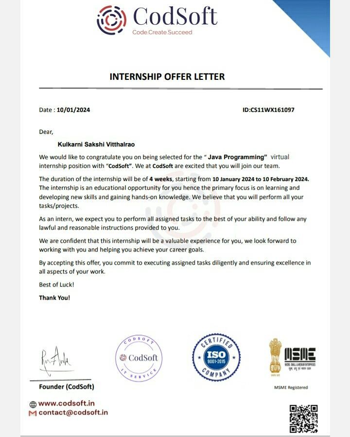 sakshi kulkarni on LinkedIn: #offerletter #codesoft #java sakshi kulkarni on LinkedIn: #offerletter #codesoft #java