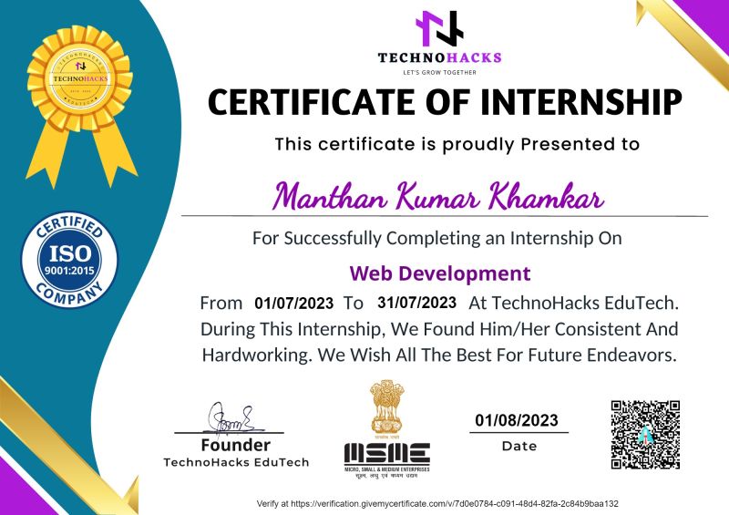 Manthan khamkar on LinkedIn: #webdevelopment #intership Manthan khamkar on LinkedIn: #webdevelopment #intership