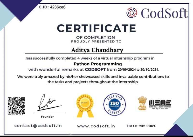 Aditya Chaudhary on LinkedIn: #codesoft #pythonprogramming Aditya Chaudhary on LinkedIn: #codesoft #pythonprogramming