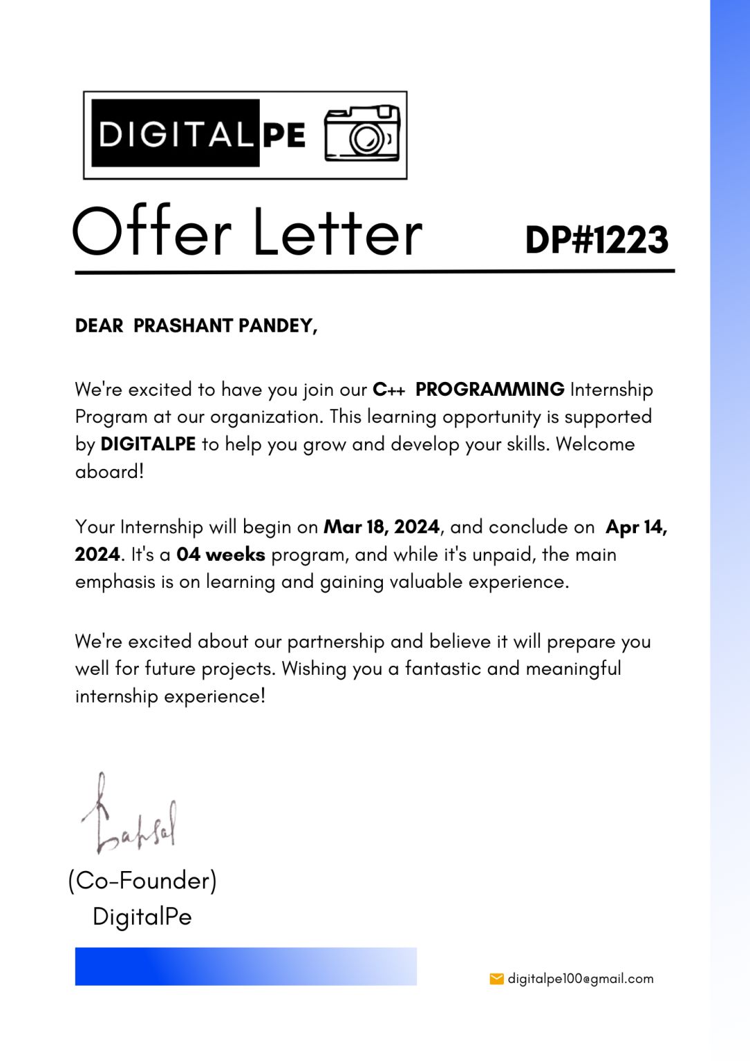 Prashant Pandey on LinkedIn: #cplusplus #internship #digitalpe Prashant Pandey on LinkedIn: #cplusplus #internship #digitalpe