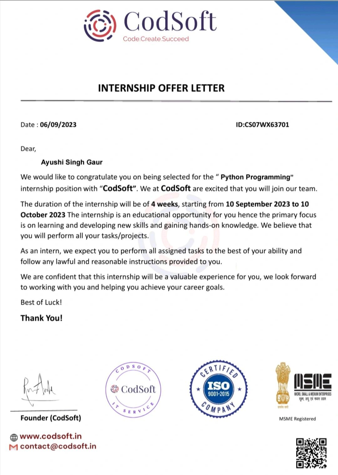 Ayushi Gaur on LinkedIn: #codsoft #internship #careerdevelopment Ayushi Gaur on LinkedIn: #codsoft #internship #careerdevelopment