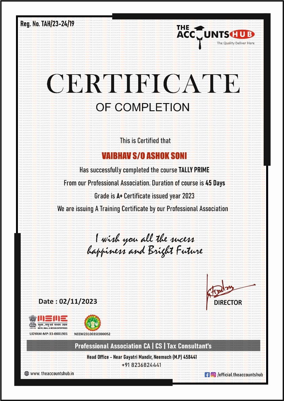 Finished Tally prime course with accounting skills | Vaibhav Soni ... Finished Tally prime course with accounting skills | Vaibhav Soni ...
