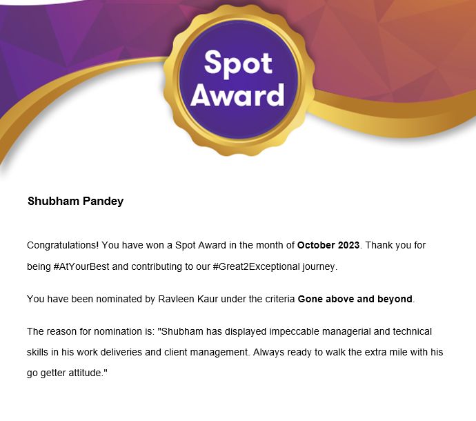 Shubham Pandey on LinkedIn: #gt #spotaward #recognition #achievement # ... Shubham Pandey on LinkedIn: #gt #spotaward #recognition #achievement # ...