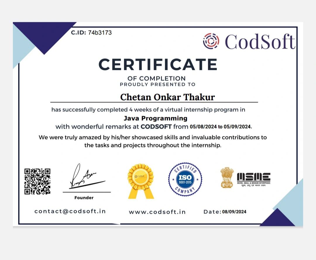 Chetan Thakur on LinkedIn: #codsoft #internship #javaprogramming Chetan Thakur on LinkedIn: #codsoft #internship #javaprogramming