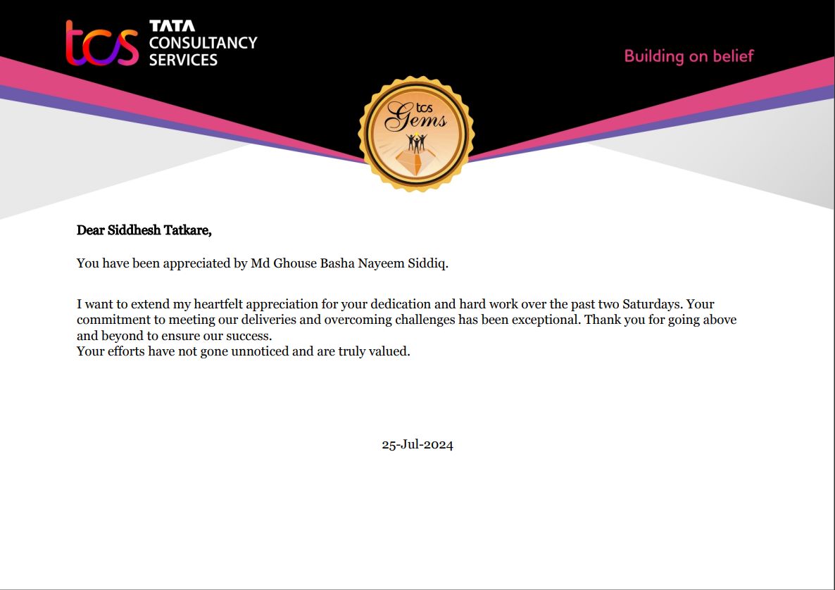 Siddhesh Tatkare on LinkedIn: Received apperciation for the good work done. Siddhesh Tatkare on LinkedIn: Received apperciation for the good work done.