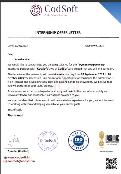 Anusha Khan on LinkedIn: #internship #codsoft Anusha Khan on LinkedIn: #internship #codsoft