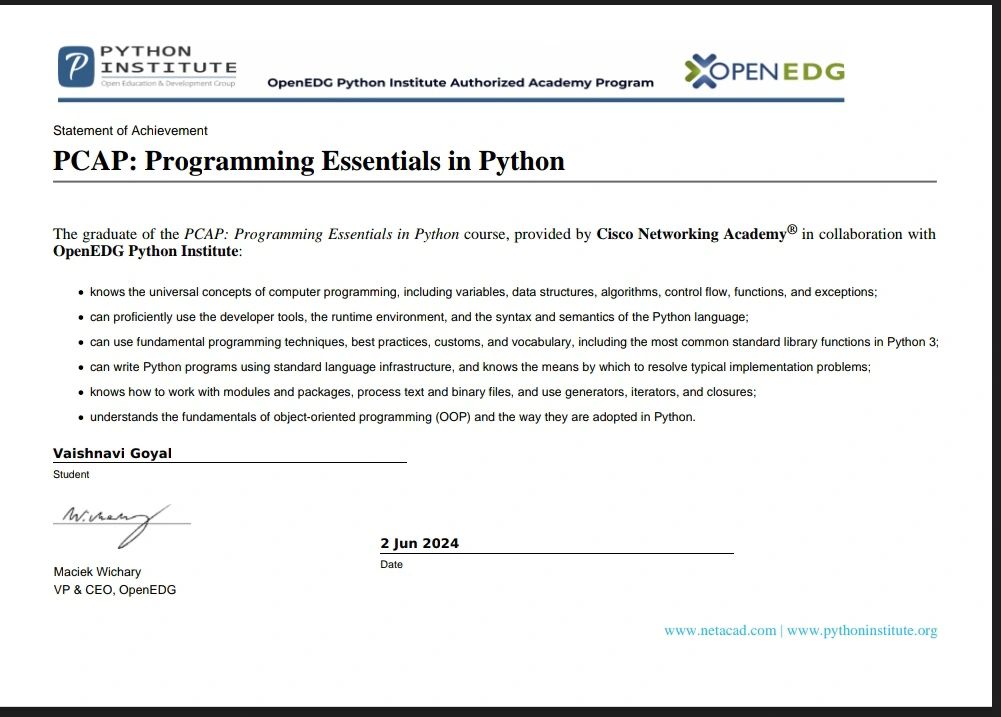 Vaishnavi Goyal on LinkedIn: #python #programming #certification Vaishnavi Goyal on LinkedIn: #python #programming #certification