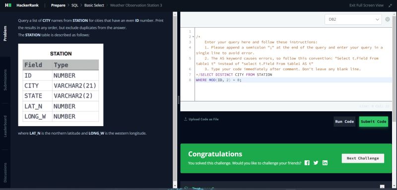 Hackerrank SQL practice session: Distinct,Mod and How to Retrieve Even ... Hackerrank SQL practice session: Distinct,Mod and How to Retrieve Even ...