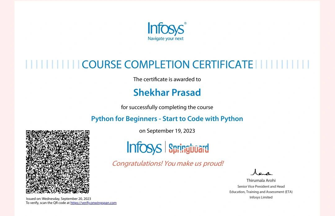 python for beginners certificate | SHEKHAR PRASAD python for beginners certificate | SHEKHAR PRASAD