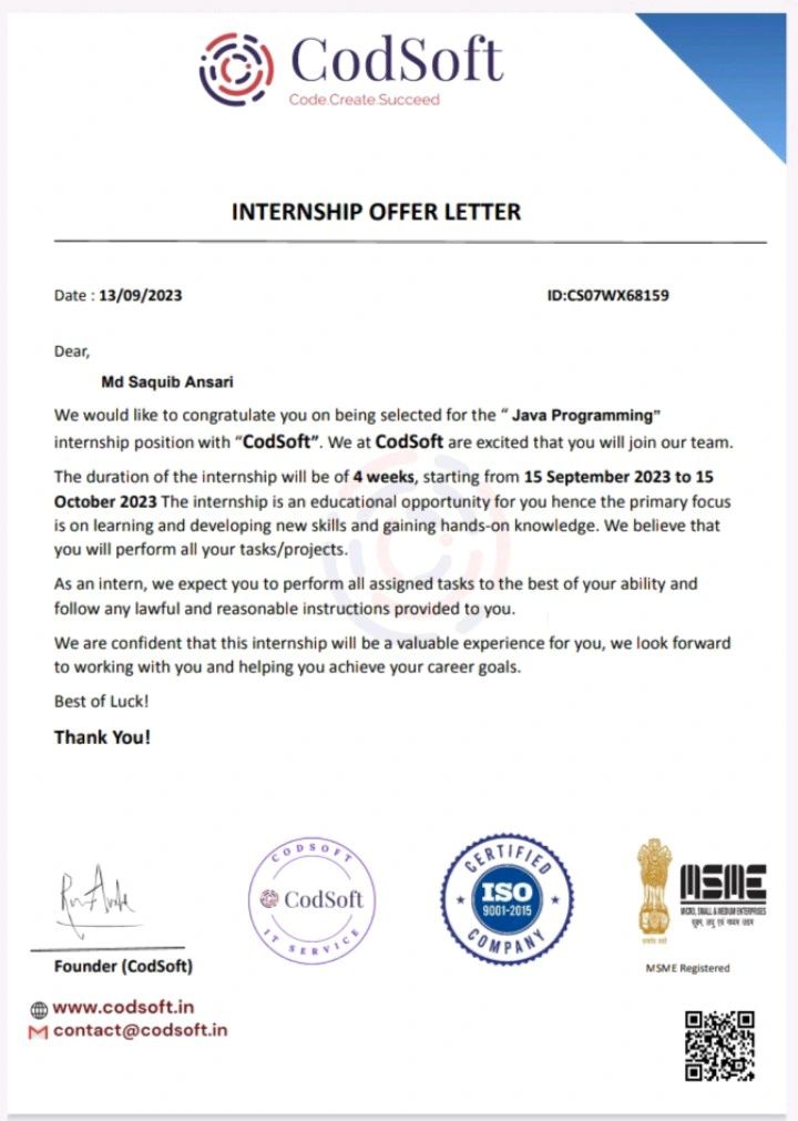 MD SAQUIB ANSARI on LinkedIn: #internship #internship2023 #codsoft # ... MD SAQUIB ANSARI on LinkedIn: #internship #internship2023 #codsoft # ...