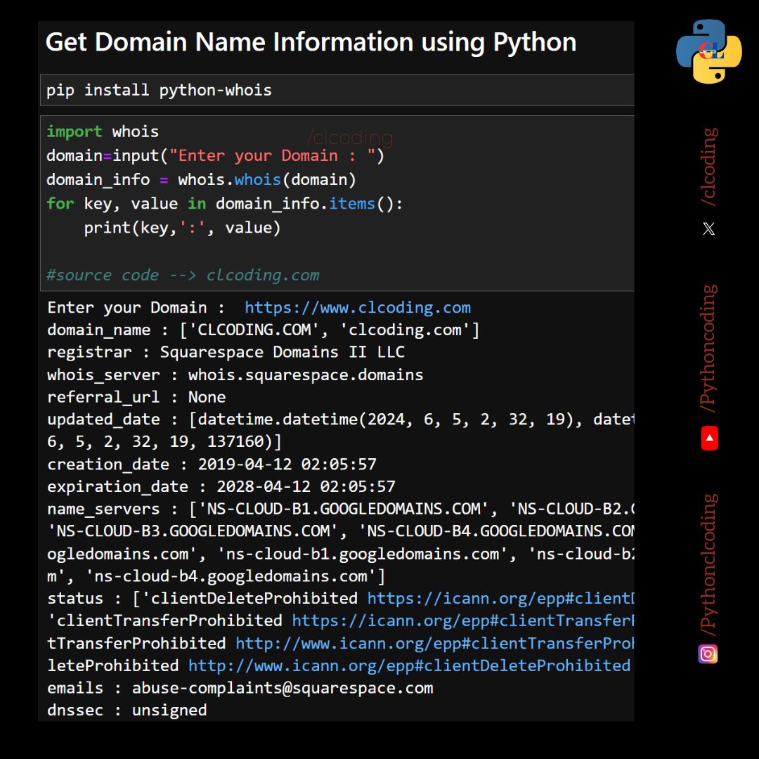 Python Coding on LinkedIn: Get Domain Name Information using Python Python Coding on LinkedIn: Get Domain Name Information using Python