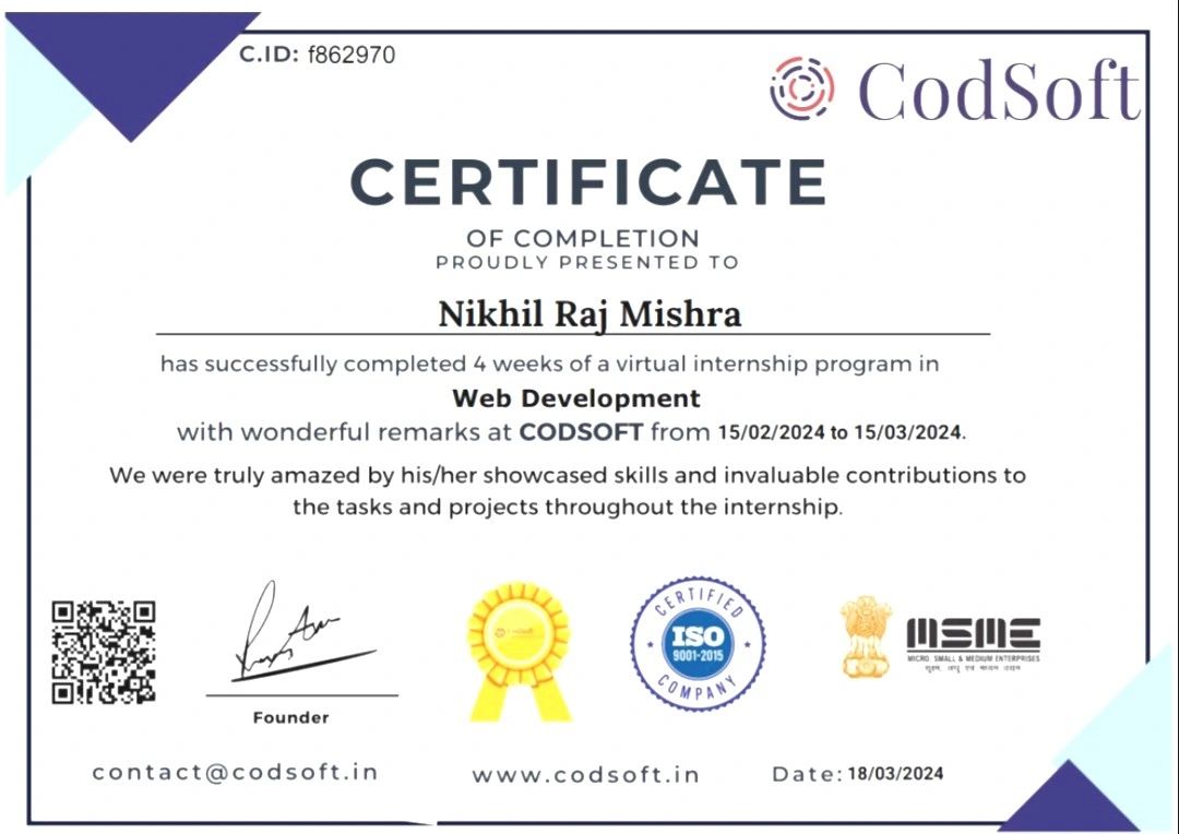 Nikhil raj Mishra on LinkedIn: #codsoft #codsoftinternship # ... Nikhil raj Mishra on LinkedIn: #codsoft #codsoftinternship # ...