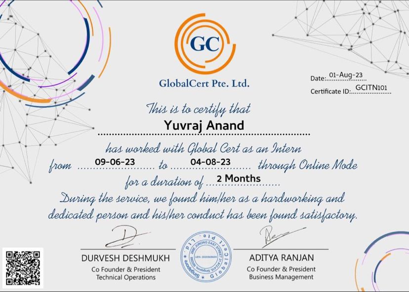 Yuvraj Anand on LinkedIn: Finished my internship with GlobalCert . Got ... Yuvraj Anand on LinkedIn: Finished my internship with GlobalCert . Got ...