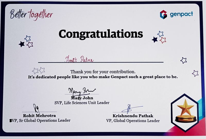 Appreciated for dedication, hard work and contribution to the process ... Appreciated for dedication, hard work and contribution to the process ...
