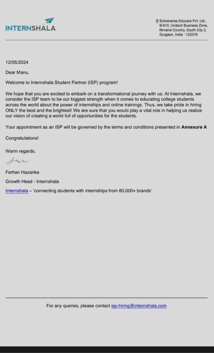 Manu Jha on LinkedIn: #internshala #isp Manu Jha on LinkedIn: #internshala #isp