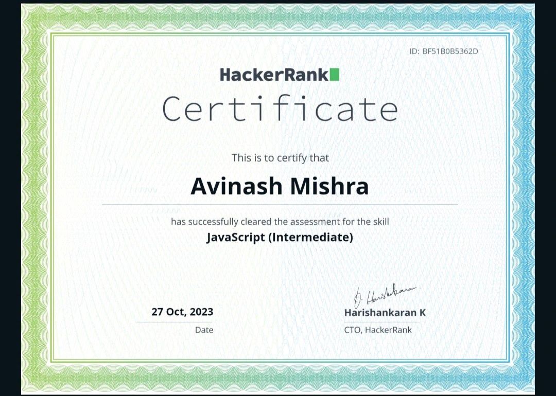 Avinash Mishra on LinkedIn: #javascript #coding #hackerrankcertified # ... Avinash Mishra on LinkedIn: #javascript #coding #hackerrankcertified # ...