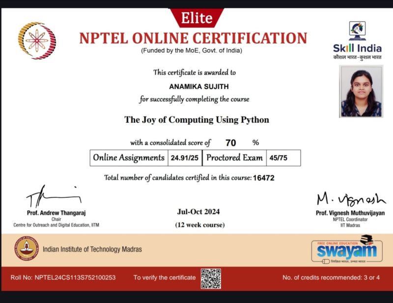 Anamika Sujith on LinkedIn: #python #programming #nptel #iitmadras # ... Anamika Sujith on LinkedIn: #python #programming #nptel #iitmadras # ...