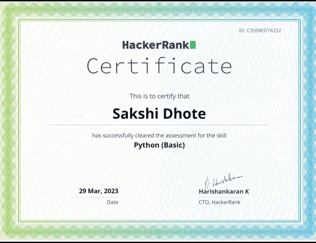 Sakshi Dhote on LinkedIn: Certification from HakerRank Python ( Basic ) Sakshi Dhote on LinkedIn: Certification from HakerRank Python ( Basic )