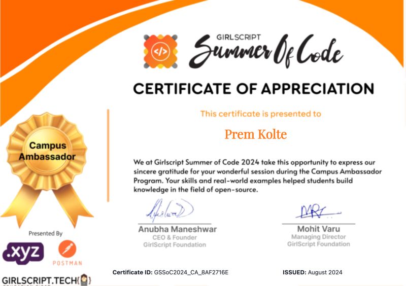 Prem Kolte on LinkedIn: #gssoc2024 #campusambassador #leadership # ... Prem Kolte on LinkedIn: #gssoc2024 #campusambassador #leadership # ...